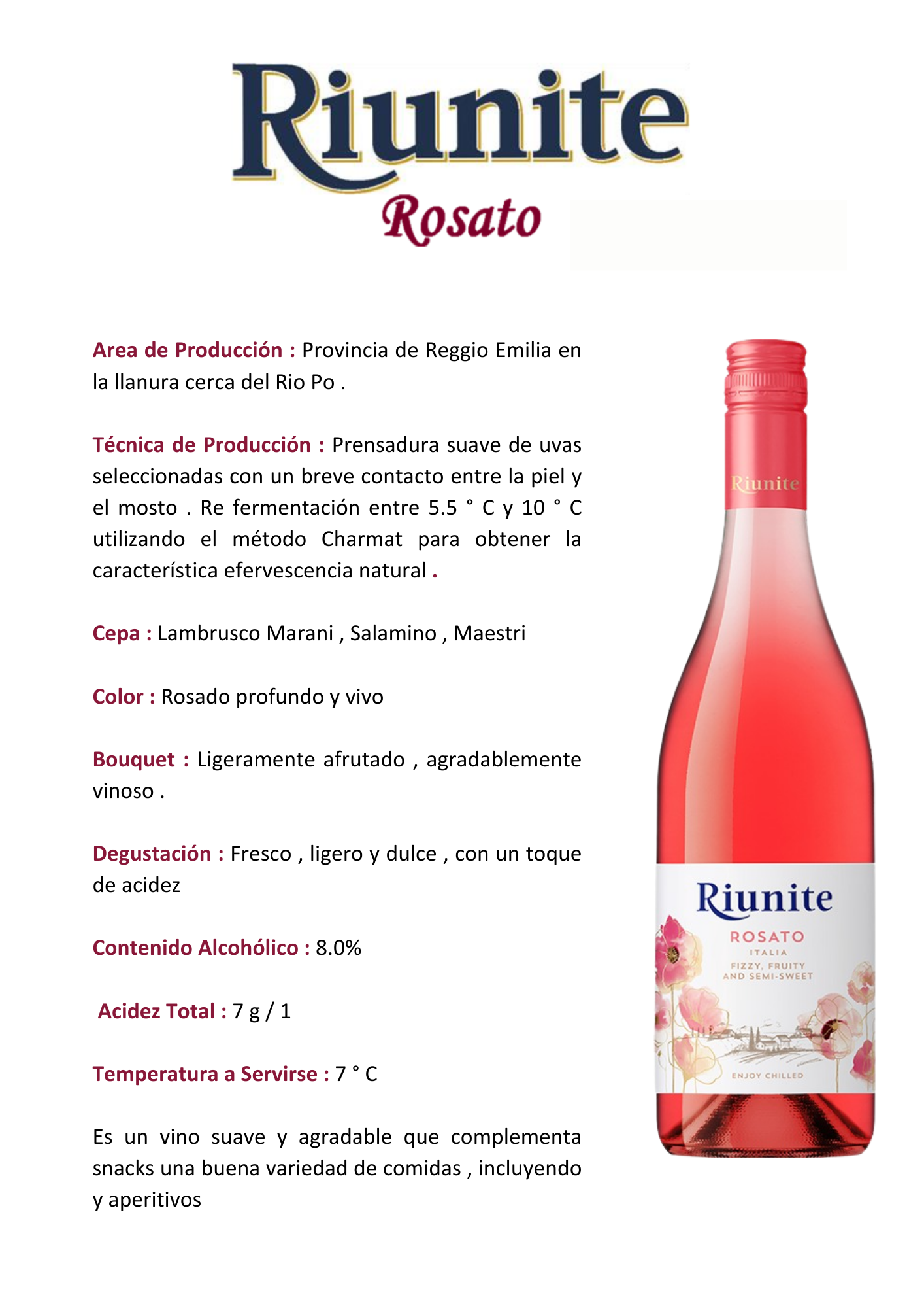 RIUNITE ROSATO – Vinos y Licores HN